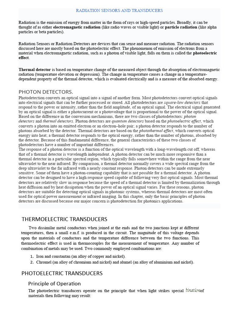 Radiation Sensors and Transducers Overview | PDF | Electromagnetic ...