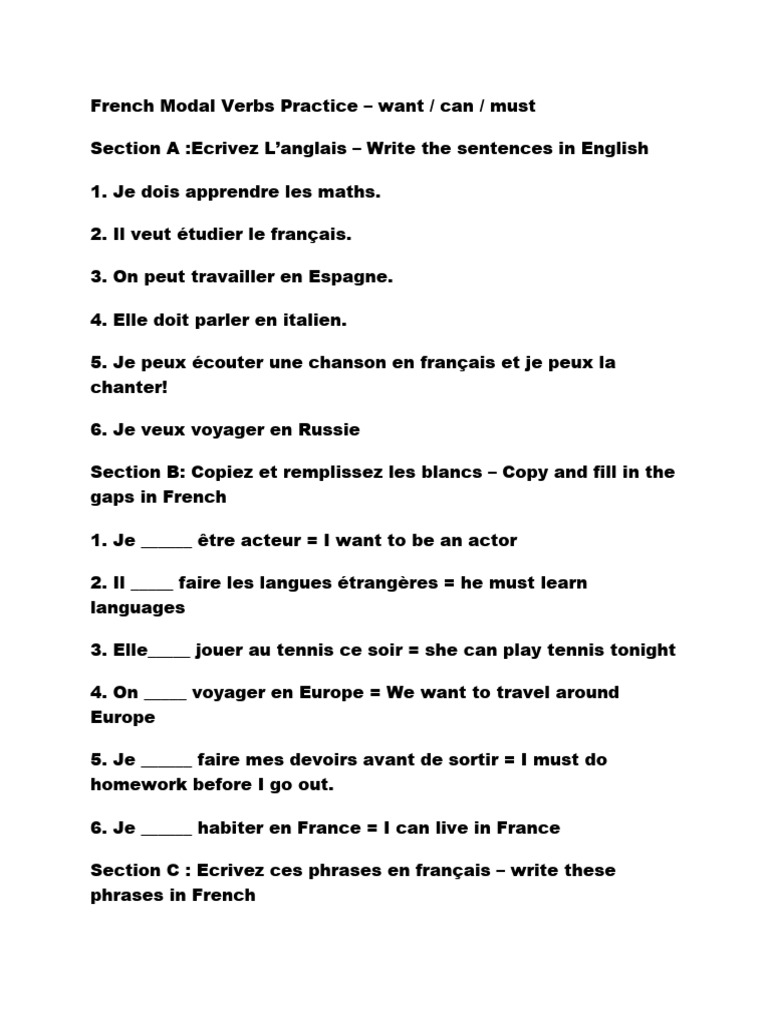 Pratique des verbes modaux en français | PDF | Ouverture (échecs ...
