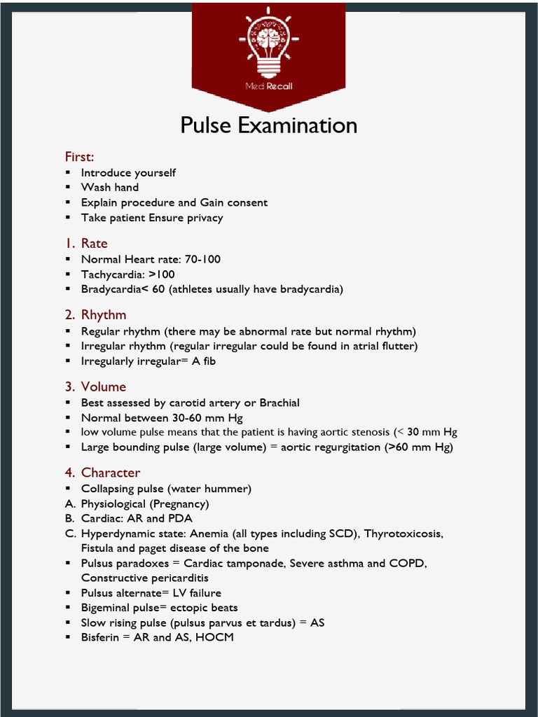 Pulse Examination OSCE | PDF | Pulse | Cardiovascular System
