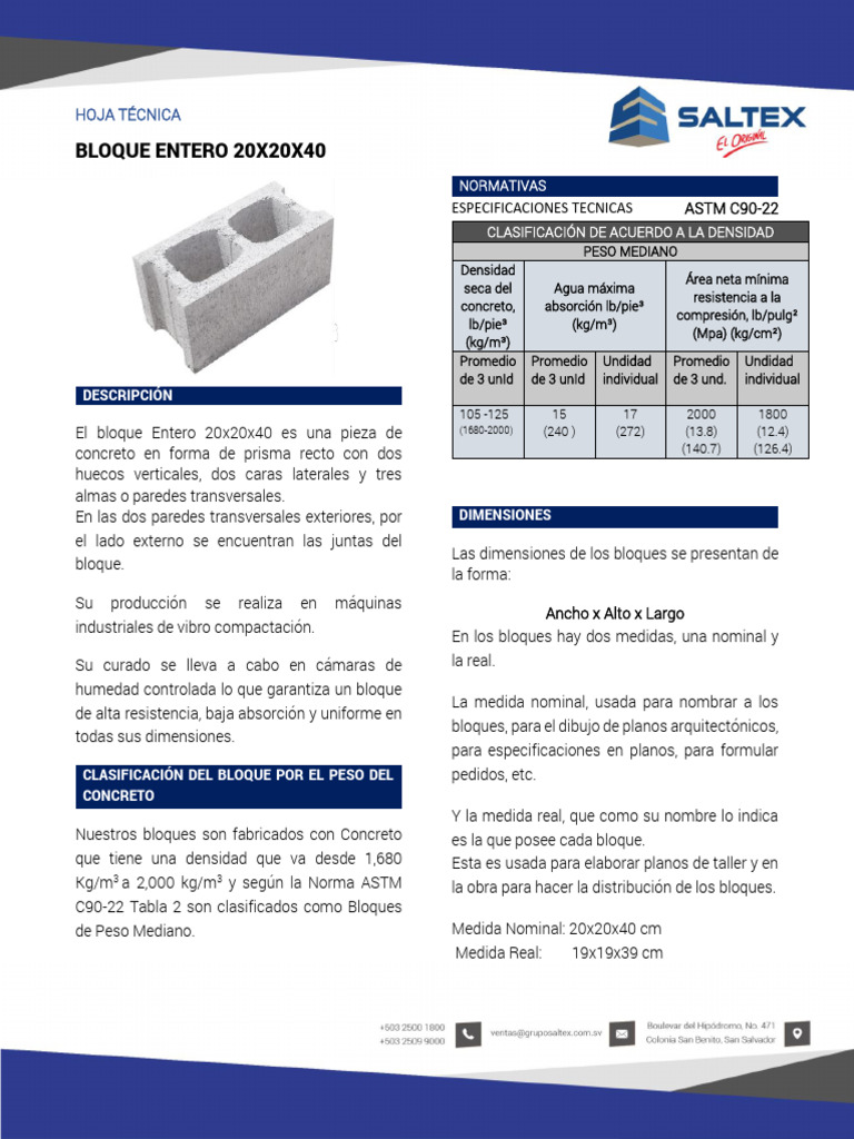 Hoja Tecnica Saltex Bloque de 20X20X40 | PDF | Mortero (Albañilería ...