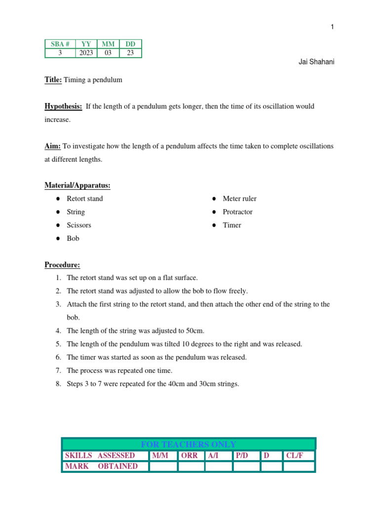 Physics SBA Timing A Pendulum | PDF | Pendulum | Metrology