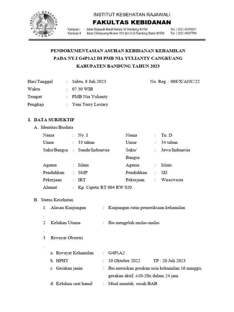 SOAP ANC Ny. I G4P1A2 Gravida 38 Minggu 2 Hari Usia 33 Tahun Dengan Keluhan Mulas-Mulas | PDF