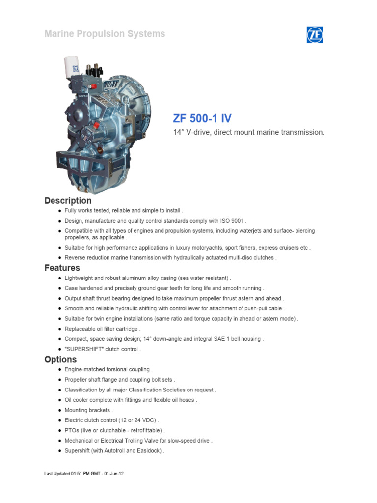 ZF 500-1 IV Marine Transmission Guide | PDF | Horsepower | Clutch