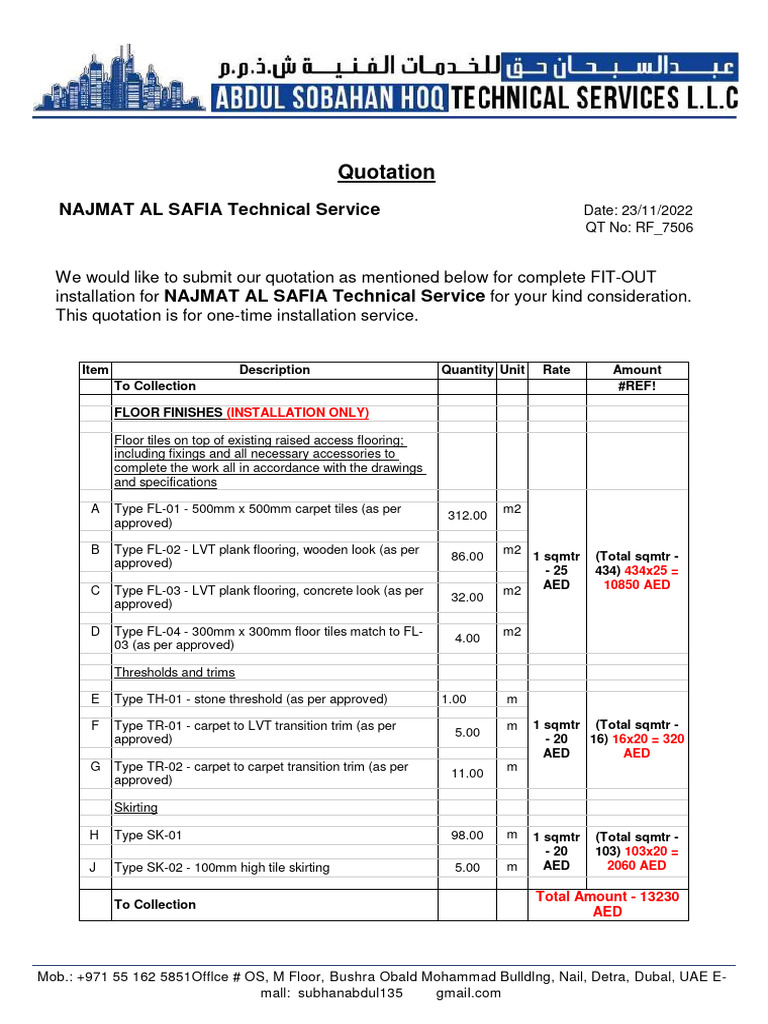 NAJMAT AL SAFIA Technical Service - Quotation | PDF | Drywall | Flooring