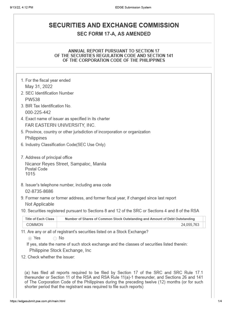 Far Eastern University SEC Form 17 A PSE Form 17-1-13september2022 ...