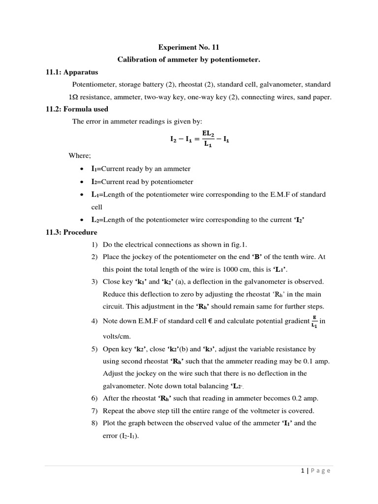 Calibration Of Ammeter By Potentiometer Pdf Voltage Electrical Engineering