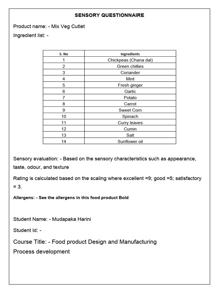 Harini Sensory Questionare | PDF | Taste | Odor