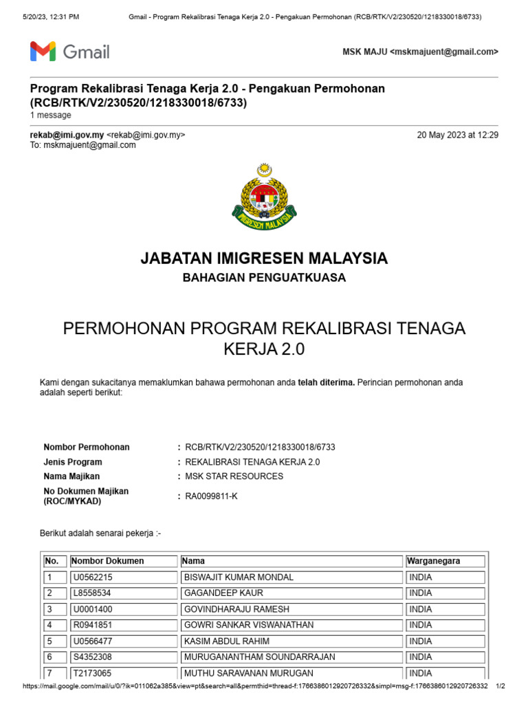 Gmail - Program Rekalibrasi Tenaga Kerja 2.0 - Pengakuan Permohonan (RCB - RTK - V2 - 230520 ...
