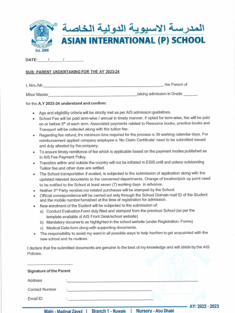7.parent Undertaking For Admission - English | PDF