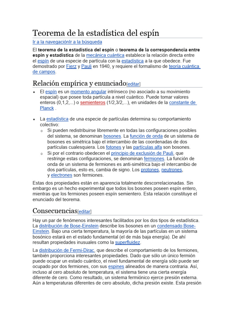 Teorema de La Estadística Del Espín | PDF | Spin (Física) | Boson
