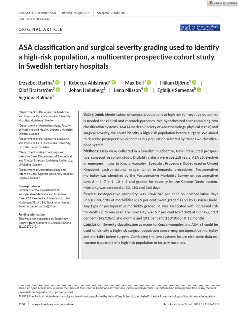Acta Anaesthesiol Scand - 2021 - Bartha - ASA Classification and ...