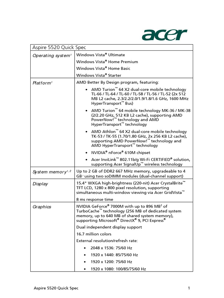 Acer Aspirev5520-5912 Data - Sheet | PDF | Computing | Computer Hardware