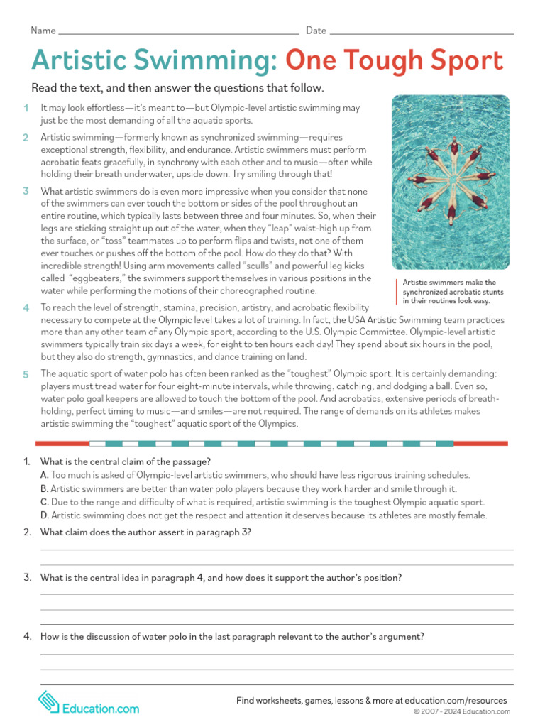 Informational Reading Comprehension Artistic Swimming One Tough Sport ...
