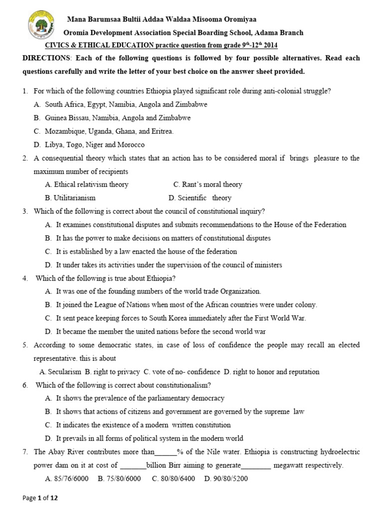 Civics Practice Question From Grade 9th - 12th | PDF | Separation Of ...