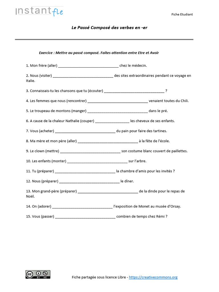 Passé Composé des Verbes en -er | PDF | Arts du langage et discipline ...