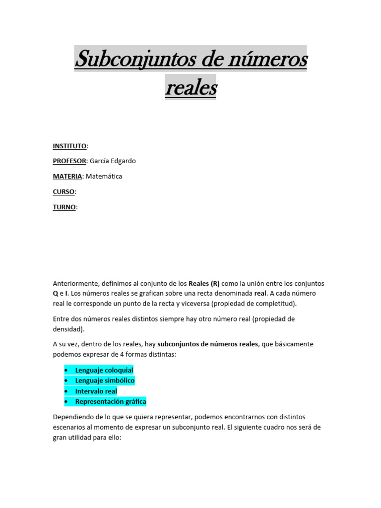 Subconjuntos de n° reales | PDF | Número Real | Objetos matemáticos
