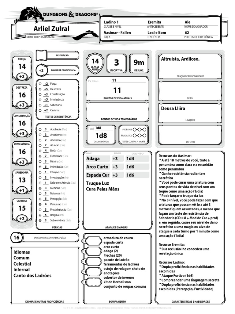 Ficha de Personagem: Arliel Zulral, Aasimar Ladino | PDF