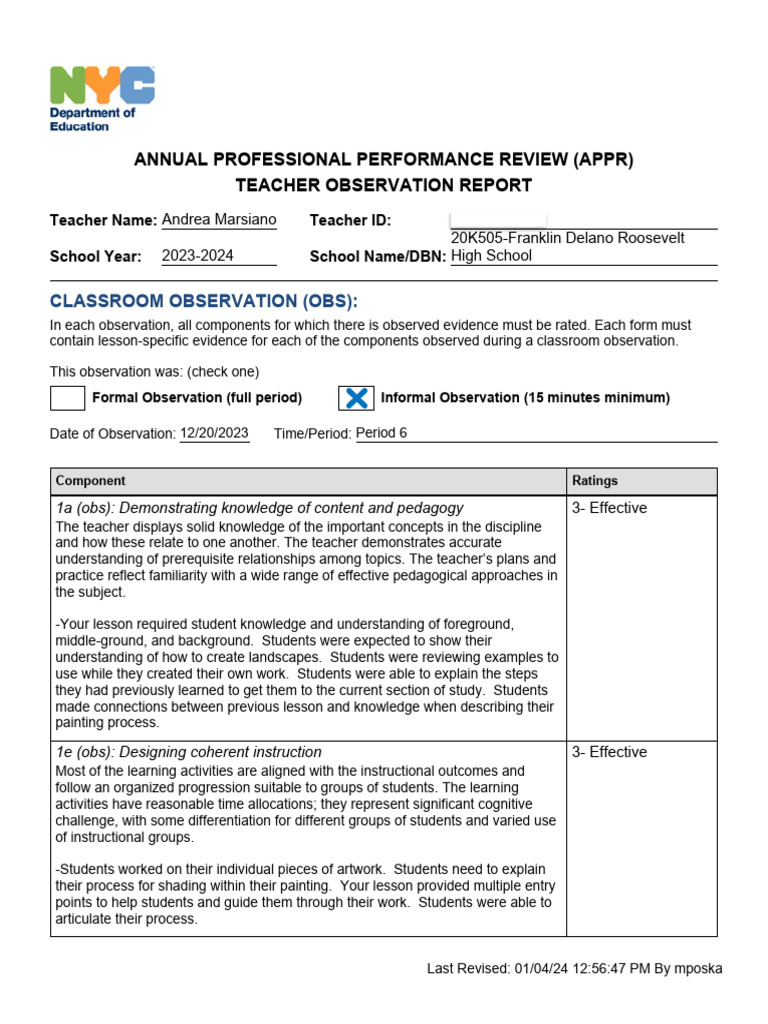 Teacher Observation Report 2023-2024 | PDF | Teachers | Pedagogy