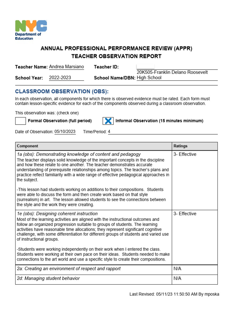 05-10-2023 Informal Observation | PDF | Teachers | Pedagogy