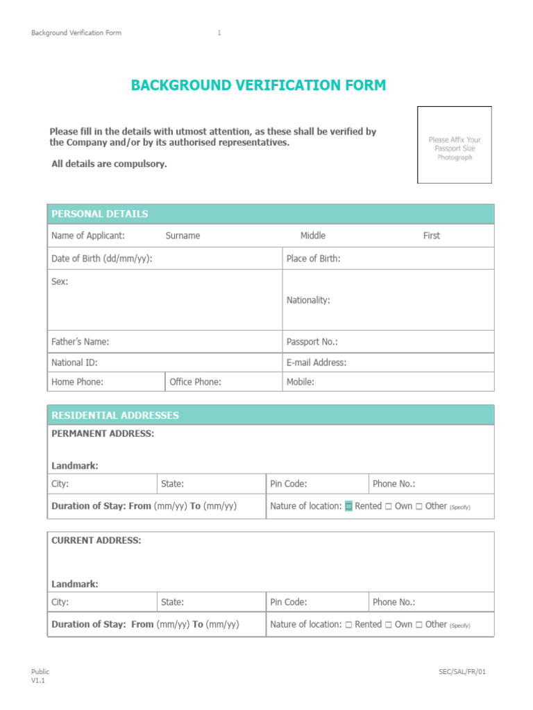 Securitas India - Background Verification Form - Individual | PDF