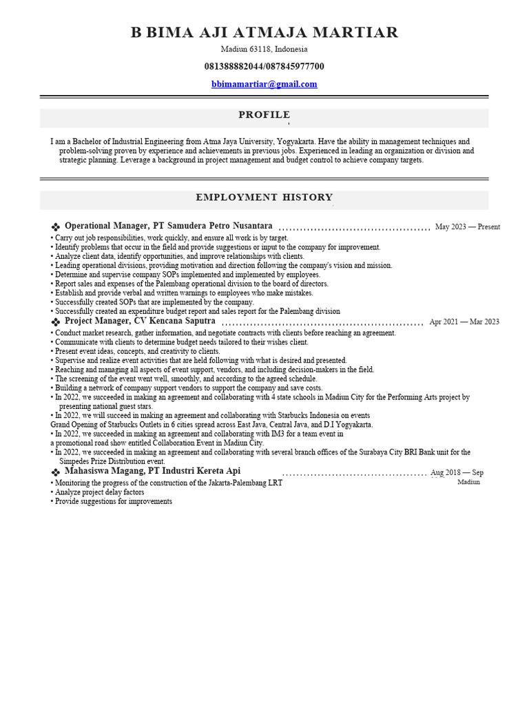 Industrial Engineering CV of Bima Aji | PDF | Employment | Business ...