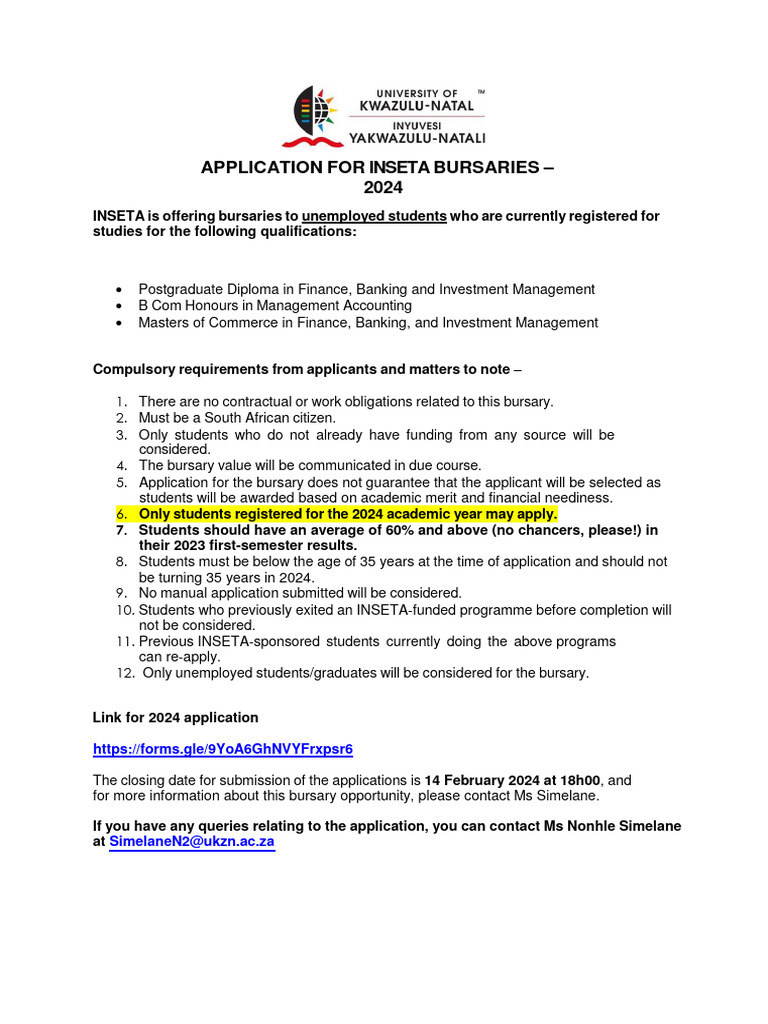 Call For INSETA Bursaries For 2024 Academic Year | PDF