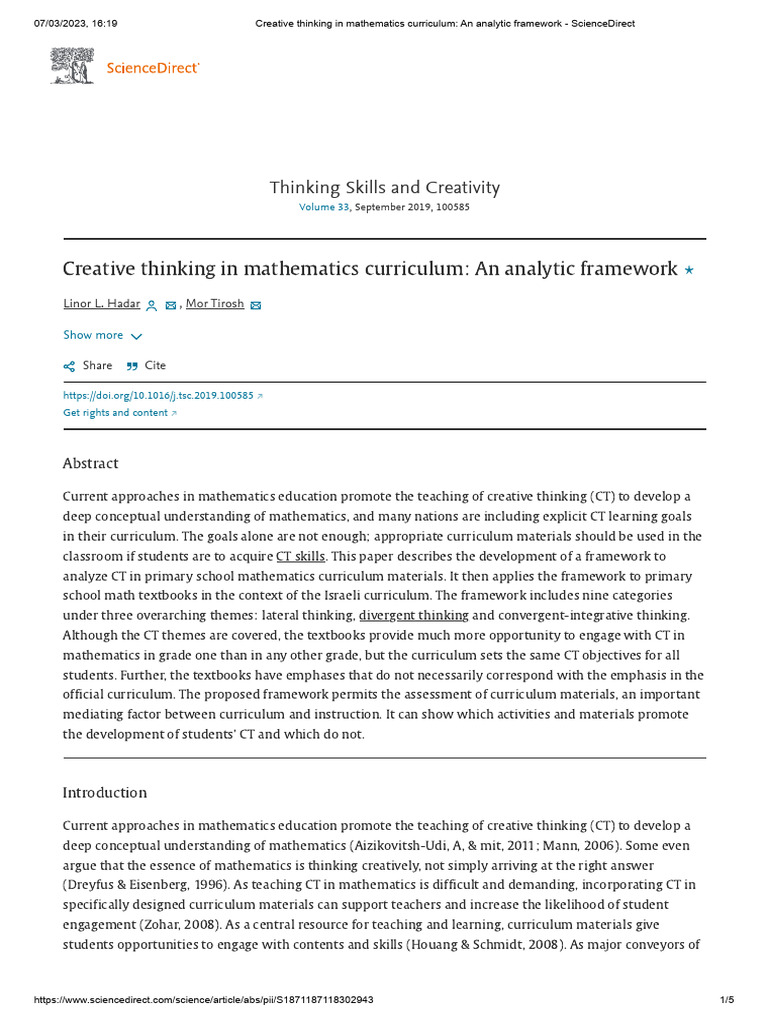 Hadar, L. L., & Tirosh, M. (2019) - Creative Thinking in Mathematics Curriculum, An Analytic ...