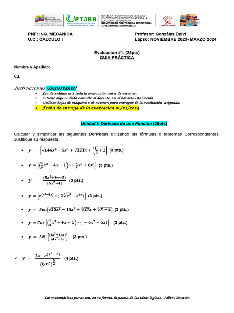 Guía Práctica de Derivadas - Cálculo I | PDF