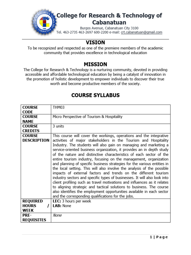 THM03 Syllabus (Micro Perspective of Tourism and Hospitality) | PDF ...