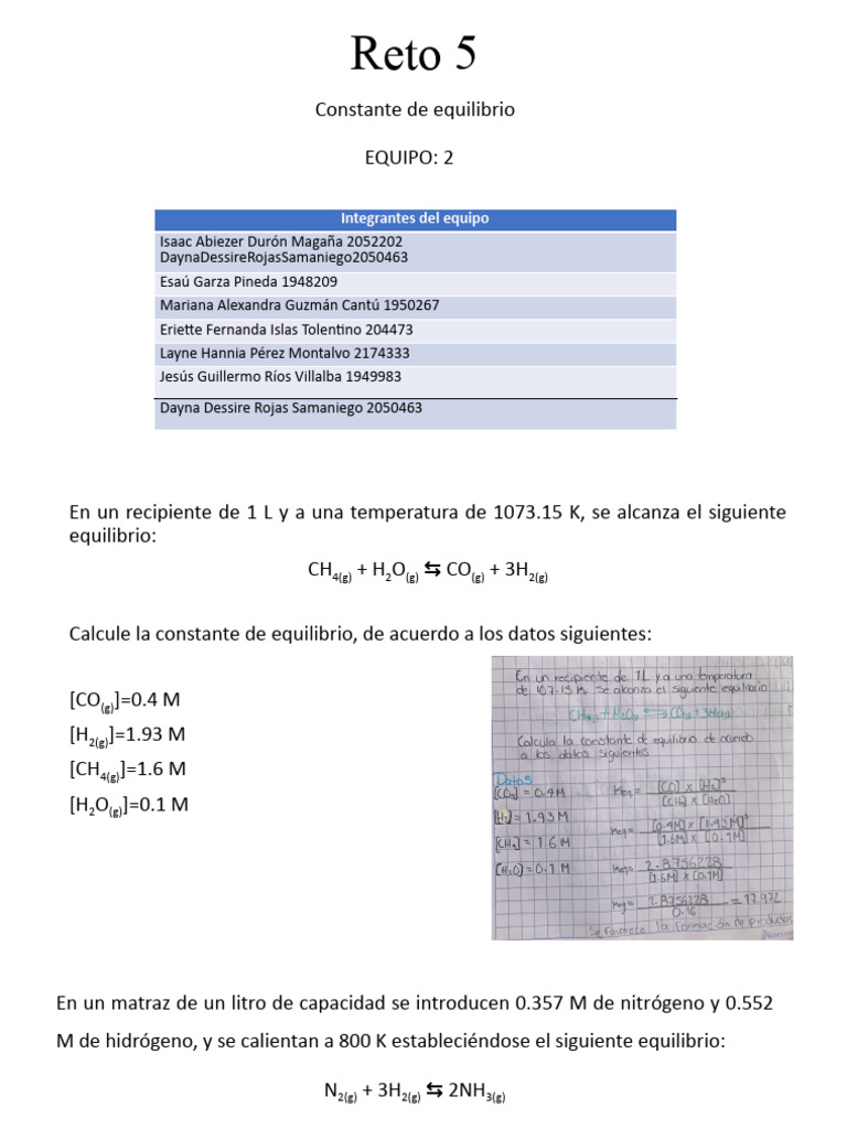 Reto 5 Constante de Equilibrio Equipo 2 | PDF