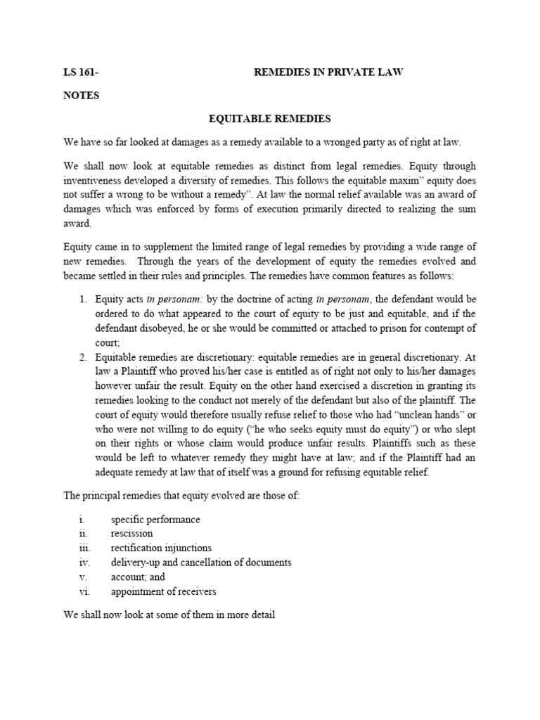 LS 161 Notes Equitable Remedies & Limitation of Remedies | PDF