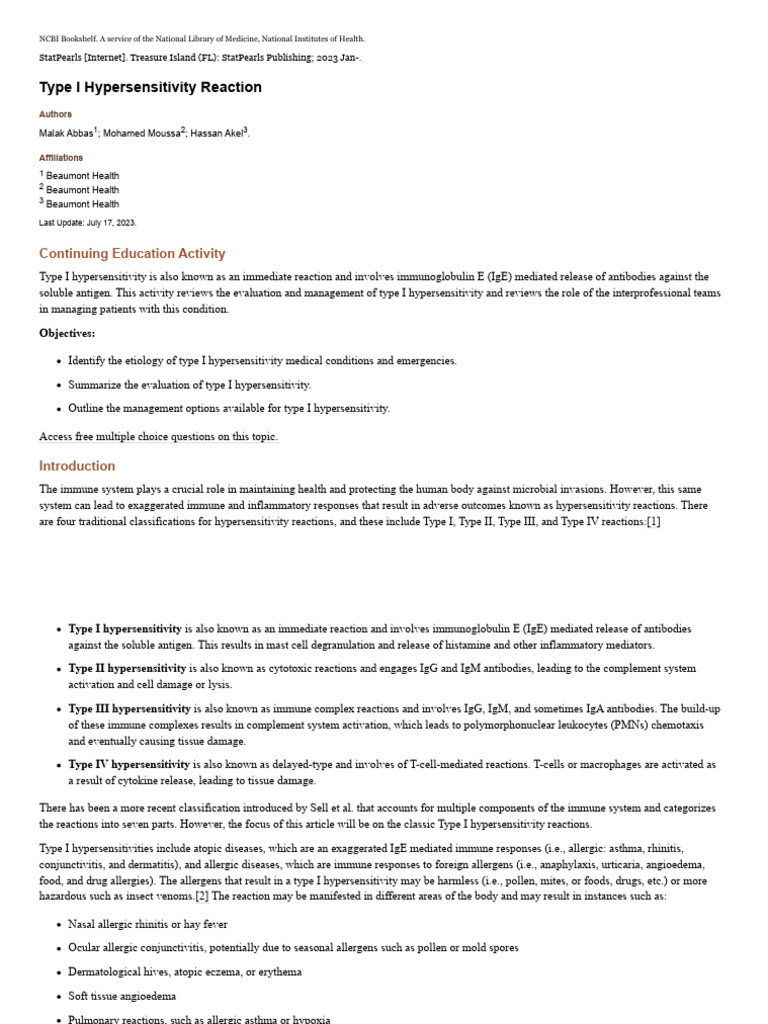 Type I Hypersensitivity Reaction - StatPearls - NCBI Bookshelf | PDF ...