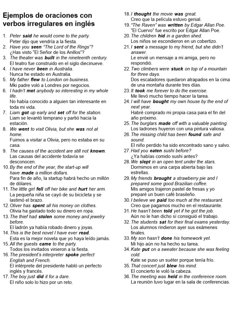 Ejemplos De Oraciones Con Verbos Irregulares En Inglés Pdf