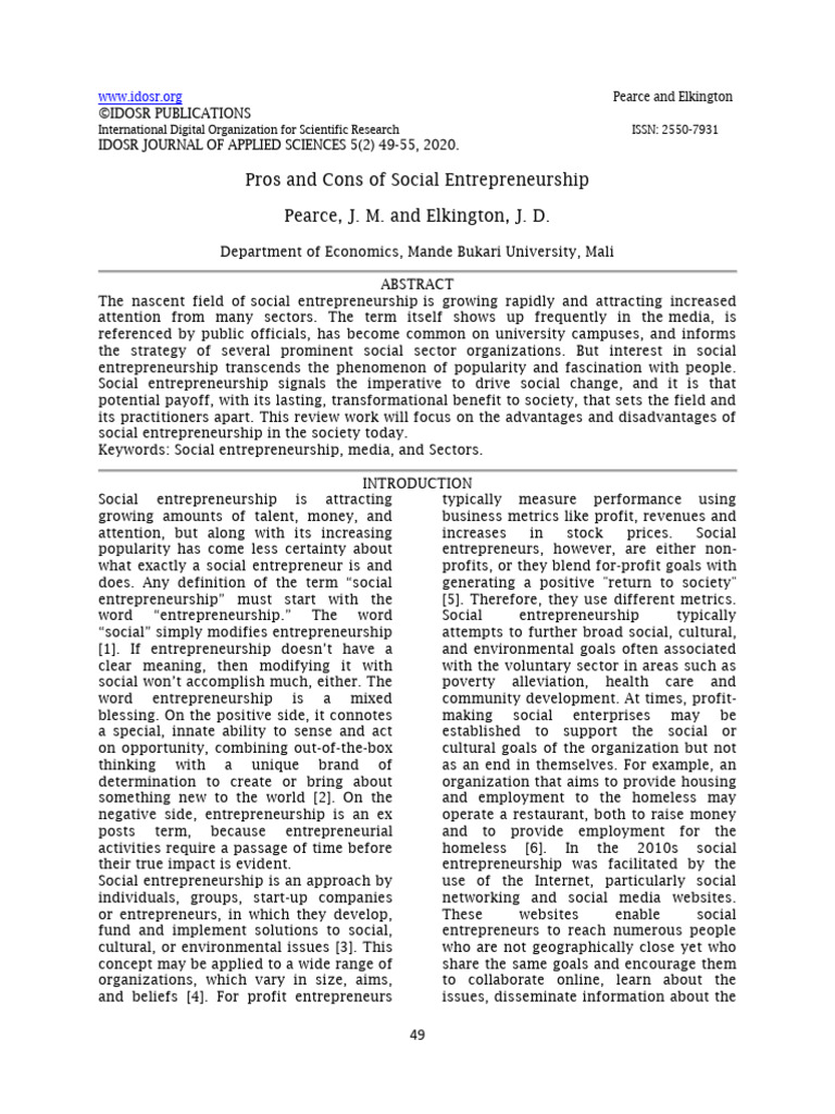 Pros and Cons of Social Entrepreneurship | PDF | Social ...