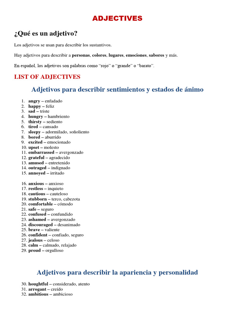 Lista de 120 Adjetivos en Inglés | PDF