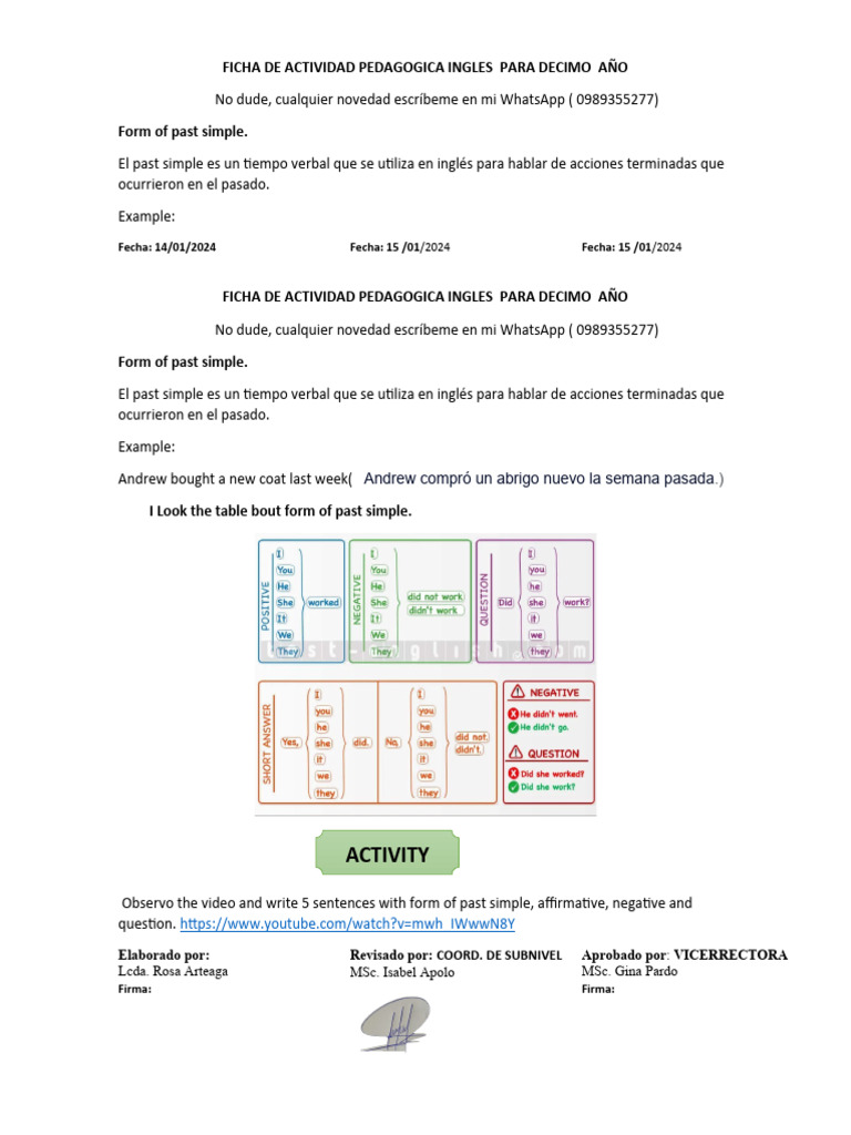 10 Ficha de Actividad Pedagogica Ingles para Decimo Año PDF | PDF