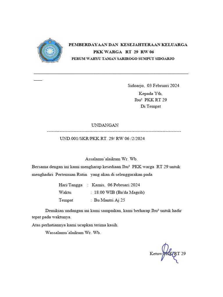 Undangan PKK RT 29 | PDF