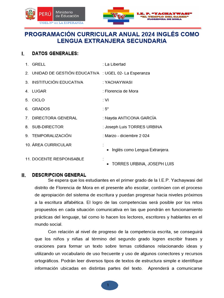 Programacion Curricular Anual (Pca) 2024-1 | PDF | Segundo lenguaje | Aprendizaje