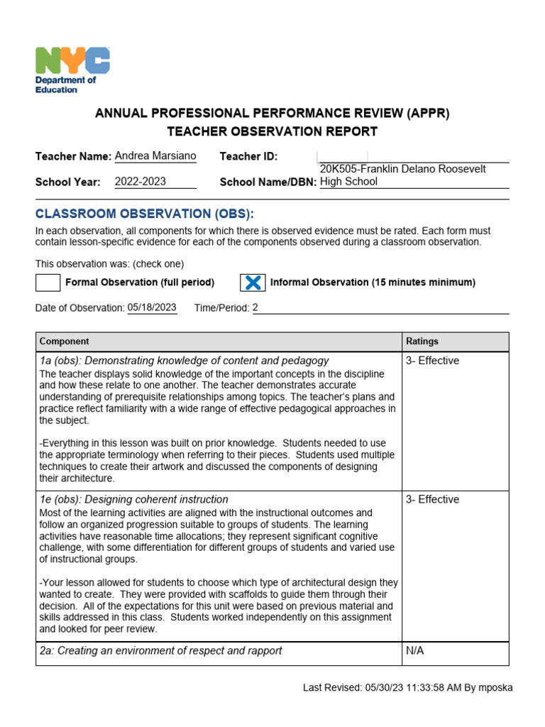 05-18-2023 Informal Observation | PDF | Teachers | Learning