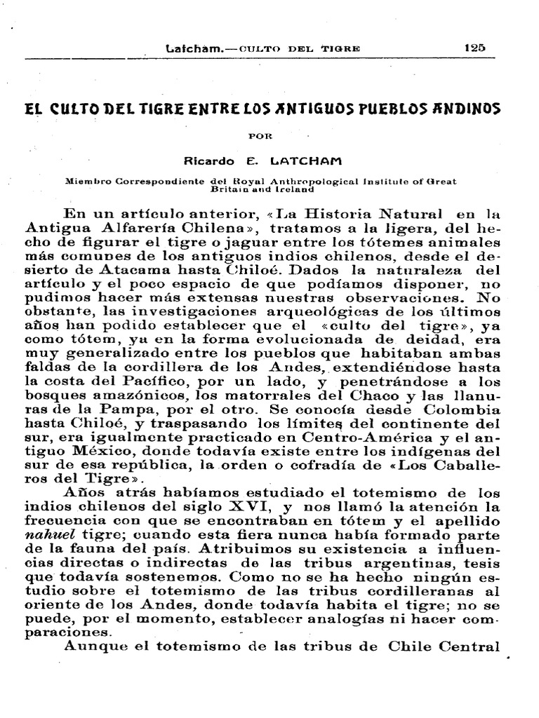 EL CULTO DEL TIGRE ENTRE LOS ANTIGUOS PUEBLOS ANDINOS Latcham - 1926 | PDF