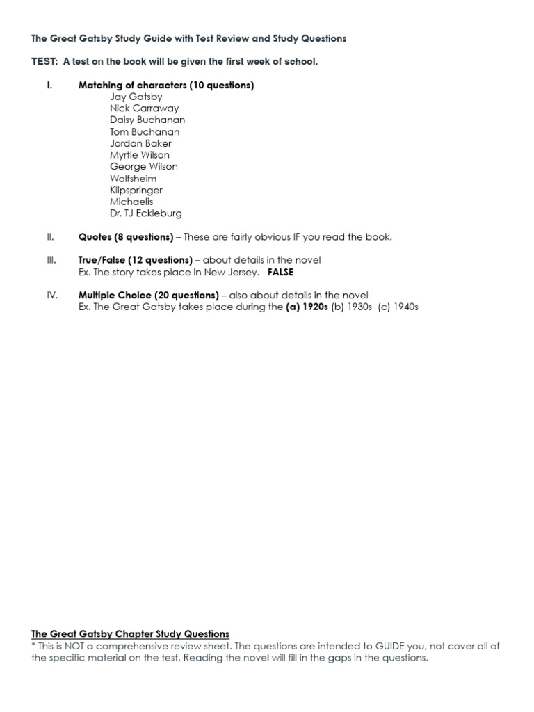 Honors English II & English III (the Great Gatsby) Study Guide | PDF ...