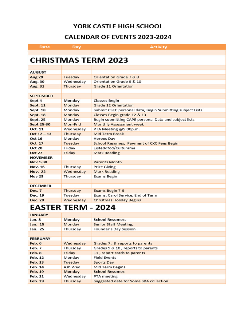 York Castle High School Calendar of Events 2023-2024 | PDF | Christian ...