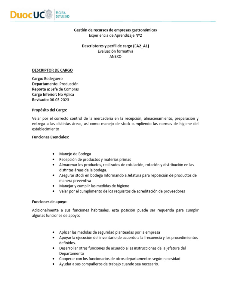 Descriptor - y - Perfil - de - Cargo Bodeguero | PDF | Business
