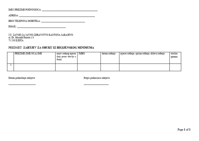 Zahtjev Za Obuku Iz Higijenskog Minimuma FIZICKA LICA | PDF