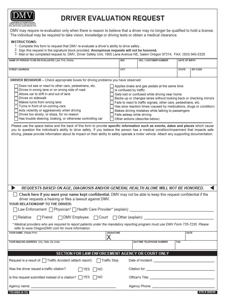 Driver Safety Evaluation Form | PDF | Driving | Department Of Motor ...