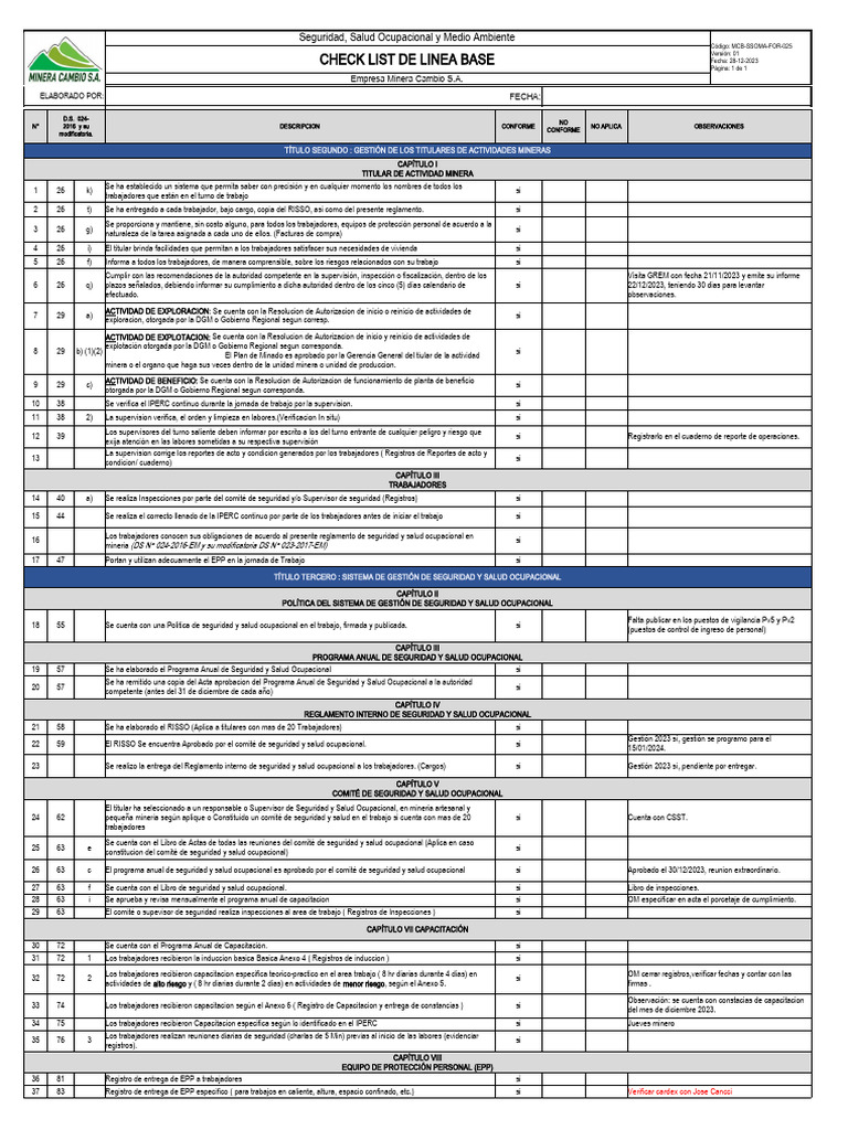 Check List de Linea Base | PDF | Higiene Ocupacional | Minería