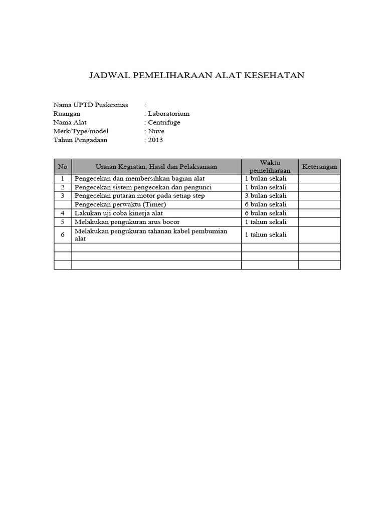 Jadwal Pemeliharaan Alkes Dan Prasarana Pdf