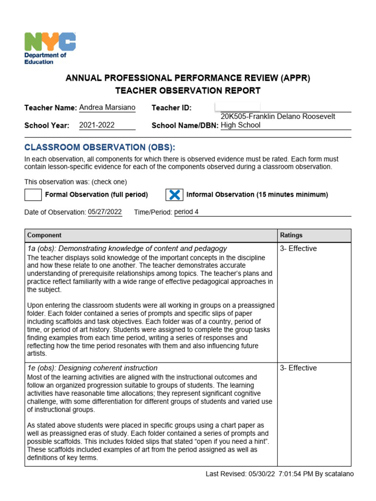 05-27-2022 Informal Observation | PDF | Teachers | Pedagogy