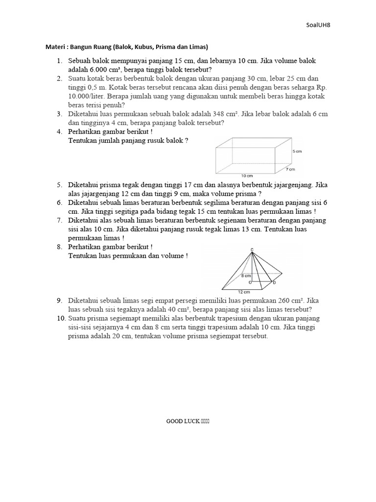 Ulangan Bangun Ruang Kelas 7 | PDF | Griya & Taman