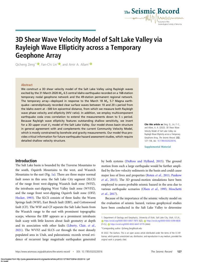 3D Shear Wave Velocity Model of Salt Lake Valley V | Download Free PDF ...